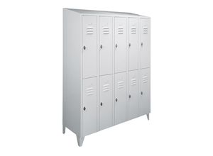 4250618240701 - Garderobenschrank mit Schrägdach halbhohe Fächer Gesamtbreite 1500 mm 10 Abteile lichtgrau RAL 7035