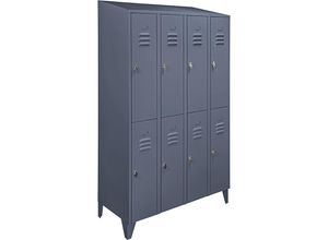 4250618240602 - Garderobenschrank mit Schrägdach halbhohe Fächer Gesamtbreite 1200 mm 8 Abteile blaugrau RAL 7031