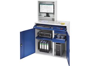 4040376955982 - Computer-Arbeitsstation Monitorgehäuse 1 Ausziehboden 2 Schubladen Breite 1100 mm lichtgrau   enzianblau RAU