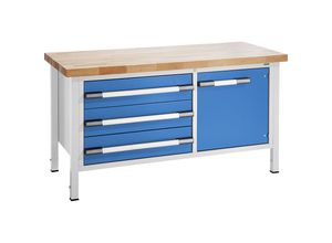 4061753039064 - eurokraft pro Höhenverstellbare Werkbank Gestellbauweise Breite 1500 mm 3 Schubladen 180 mm 1 Tür grau   blau