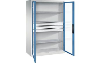 4064615184148 - Sichtfenster-Flügeltürschrank HxBxT 1950 x 1200 x 600 mm 3 Fachböden 3 Schubladen lichtgrau   lichtblau C+P