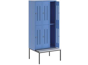 4250618236254 - Halbhoher Garderobenschrank mit Sitzbankuntergestell 300 mm 6 Fächer Lochblech lichtblau