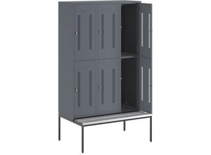 4250618236322 - Halbhoher Garderobenschrank mit Sitzbankuntergestell 400 mm 6 Fächer Lochblech blaugrau