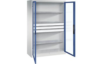 4064615179731 - Sichtfenster-Flügeltürschrank HxBxT 1950 x 1200 x 500 mm 3 Fachböden 3 Schubladen lichtgrau   enzianblau C+P