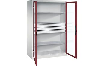 4064615183745 - Sichtfenster-Flügeltürschrank HxBxT 1950 x 1200 x 600 mm 3 Fachböden 3 Schubladen lichtgrau   rubinrot C+P