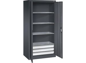 4064615182618 - Werkstatt-Flügeltürschrank mit Schubladen BxT 1200 x 600 mm 4 Fachböden schwarzgrau   schwarzgrau C+P
