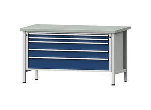 4014641018276 - Werkbank mit XL XXL-Schubladen Gestellbauweise Breite 1500 mm 5 Schubladen Stahlblechbelagplatte Front enzianblau ANKE