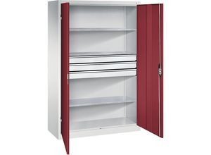 4064615176778 - Werkstatt-Flügeltürschrank mit Schubladen BxT 1200 x 500 mm 3 Fachböden lichtgrau   rubinrot C+P