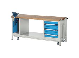 4061753038005 - eurokraft pro Fahr- und absenkbare Werkbank Gestellbauweise Serie 8000 3 Schubladen Klapplift-Schraubstock BxT 2000 x 700 mm