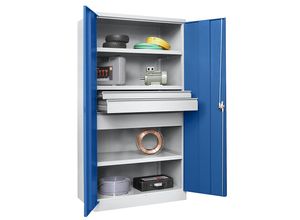 4055479844323 - Schwerlastschrank Höhe 1950 mm 3 Fachböden 3 Schubladen grau   blau Pavoy