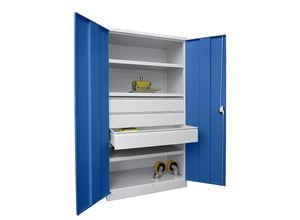 4055479840080 - Schwerlastschrank Höhe 1950 mm 3 Fachböden 3 Schubladen à 175 mm grau   blau Pavoy