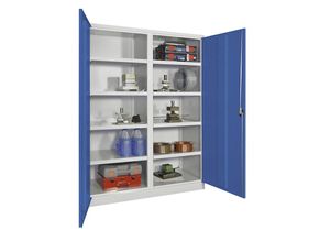 4055479859976 - Schwerlastschrank extrabreit Höhe x Breite x Tiefe 1950 x 1470 x 630 mm 8 Fachböden 1 Mitteltrennwand grau   blau Pavoy