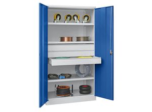 4055479666031 - Schwerlastschrank Höhe 1950 mm 3 Fachböden 3 Schubladen à 125 mm grau   blau Pavoy