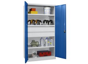 4055479847171 - Schwerlastschrank Höhe 1950 mm 3 Fachböden 2 Schubladen grau   blau Pavoy