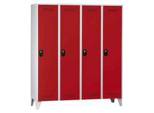 4250618246628 - Garderobenschrank Fachhöhe 1700 mm HxBxT 1850 x 1600 x 500 mm Abteilbreite 400 mm Korpus-   Türfarbe Lichtgrau   Feuerrot