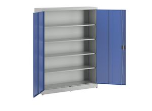 4250633323786 - Flügeltürenschrank 4 verz Fachböden BxTxH 1500x420x1965 mm RAL7035 lichtgrau RAL5010 enzianblau