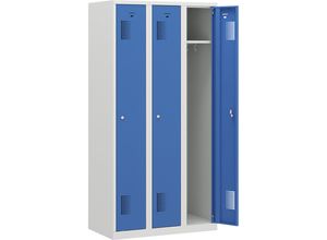 4061753005694 - eurokraft basic Garderobenschrank Breite 900 mm 3 Abteile à 298 mm mit Zylinderschloss Korpus lichtgrau Türen lichtblau