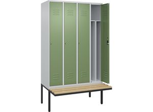 4066681817814 - Schwarz-Weiß-Spind Classic PLUS Sitzbank schmal 4 Abteile Trennwand verkürzt lichtgrau   resedagrün B 1200 mm Zylinderschloss auskragend Buche-Hartholz C+P