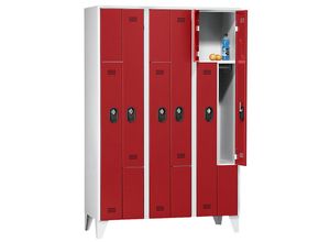 4250618246673 - Z-Garderobenschrank Fachhöhe 820 mm HxBxT 1850 x 1200 x 500 mm Abteilbreite 400 mm Korpus-   Türfarbe Lichtgrau   Feuerrot