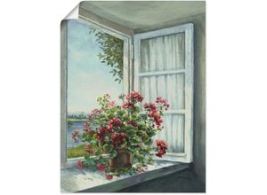 4055327639873 - Wandbild ARTLAND Geranien am Fenster Bilder Gr B H 45 cm x 60 cm Poster Blumen 1 St weiß Bild Metallbild Metallbilder Bilder als Alubild Leinwandbild Wandaufkleber oder Poster in versch Größen