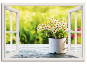 4057738334644 - Wandbild ARTLAND Fensterblick Garten mit Gänseblümchen Bilder Gr B H 70 cm x 50 cm Leinwandbild Blumen Querformat 1 St weiß Bild Poster Bilder als Alubild Leinwandbild Wandaufkleber oder in versch Größen