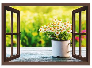 4057738381952 - Wandbild ARTLAND Fensterblick Garten mit Gänseblümchen Bilder Gr B H 70 cm x 50 cm Alu-Dibond-Druck Blumen Querformat 1 St braun Bild Poster Bilder als Alubild Leinwandbild Wandaufkleber oder in versch Größen