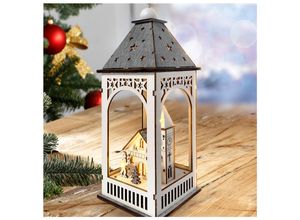 4255701927774 - LED Holzlaterne mit Kirche und Figuren Weihnachtsdeko mit 8 LEDs