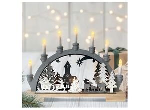 4255701927743 - Moderner Schwibbogen LED Holz Grau mit Weihnachtsmotiv und 7 LED Kerzen