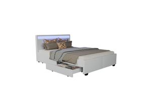 4260304763520 - Led Polsterbett Lyon mit Bettkasten – Bettgestell aus Holz & Kunstleder mit Lattenrost – Einzelbett Jugendzimmer Möbel – 140 x 200 cm - weiß - Juskys