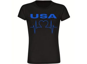 4068859325411 - multifanshop Damen T-Shirt - USA - Herzschlag - Druck blau - Frauen