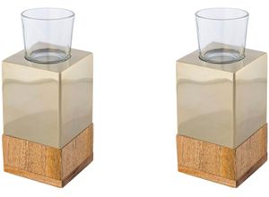 4064118141778 - Teelichthalter CREATIV HOME Kerzenhalter Tower beige (champagnerfarben) B8cm H18cm T8cm Edelstahl Glas Massivholz Kerzenhalter aus Holz Edelstahl und Glas