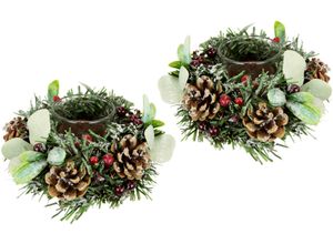 4019844765033 - Teelichthalter IGEA Weihnachtsdeko Kerzenhalter Kerzenhalter Gr B H T 15 cm x 7 cm x 15 cm grün Windlichter Laternen mit Zapfen Beeren und Mistel beschneit inkl Glaseinsatz Ø 15 cm