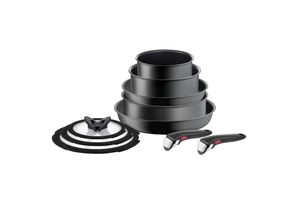 3168430336636 - Topf-Set L76491 Ingenio Ultimate Aluminium (Set 10-tlg Stielkasserolle 16 20 cm Schmorkasserolle 24 cm Bratpfanne 24 28 cm) Antihaft Thermo-Signal abnehmbare Griffe alle Herdarten Induktion schwarz