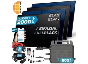 4255656236549 - SUNNIVA® 2000W Balkonkraftwerk BIFAZIAL FULLBLACK komplett Steckdose MARSTEK 800 Watt Wechselrichter PV Solaranlage Komplettset 4x 500W N-Type Glas-Glas Bifacial Solarmodule 5m Kabel & 4x 25m Solarkabel