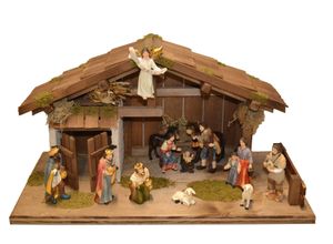 4251020760399 - Krippe ALFRED KOLBE Krippenstall braun B50cm H27cm T25cm Holzwerkstoff Weihnachtskrippen mit 95 cm Poly-Figuren 13tlg