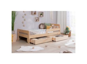 4251105981114 - TiCAA Einzelbett Kinderbett Jugendbett Bennet mit Schubkasten Rausfallschutz für Schlafzimmer Kinderzimmer Kiefer Massivholz Bettgestell 90 100 120 x 200 cm