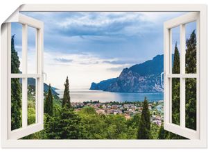 4062144599884 - Wandbild ARTLAND Gardasee durchs weiße Fenster Bilder Gr B H 70 cm x 50 cm Poster Seebilder Querformat 1 St grün Kunstdrucke als Alubild Leinwandbild Wandaufkleber oder Poster in versch Größen