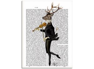 4058661412225 - Wandbild ARTLAND Tanzender Hirsch mit Violine Bilder Gr B H 30 cm x 40 cm Leinwandbild Humor Hochformat 1 St weiß Bild Metallbild Metallbilder Bilder als Alubild Leinwandbild Wandaufkleber oder Poster in versch Größen