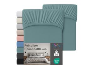 4255636669534 - NYVI Feinbiber Spannbettlaken Deluxe für Matratzen bis 25 cm Steghöhe - Extra Warm & Weich 100% Baumwolle Bügelfrei Vorgekrumpft FarbeLindgrün Größe180x200 cm (2er Set)