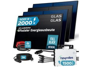 4255656237546 - SUNNIVA® 2000W Balkonkraftwerk BIFAZIAL FULLBLACK komplett Steckdose HOYMILES 1500 Watt Wechselrichter PV Solaranlage Komplettset 4x 500W N-Type Glas-Glas Bifacial Solarmodule 5m Kabel