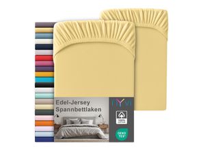 4255636668896 - NYVI Edel Jersey Spannbettlaken Deluxe für Matratzen bis 25 cm Steghöhe - 100% Baumwolle supergekämmt 140g m² Rundumgummizug FarbeGelb Größe140-160 x 200 cm (2er Set)