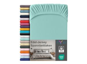 4255636666519 - NYVI Edel Jersey Spannbettlaken Deluxe für Matratzen bis 25 cm Steghöhe - 100% Baumwolle supergekämmt 140g m² Rundumgummizug Größe140-160 x 200 cm FarbeAqua