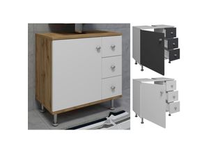 4051814421990 - Holz Waschbeckenunterschrank Badschrank Maße H 61 x B 60 x T 33 cm 1 große Drehtür 3 kleine Schubladen 4 hohe Füße - Nilosi M