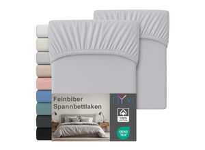 4255636669572 - NYVI Feinbiber Spannbettlaken Deluxe für Matratzen bis 25 cm Steghöhe - Extra Warm & Weich 100% Baumwolle Bügelfrei Vorgekrumpft FarbeSilber Größe140x200 cm (2er Set)