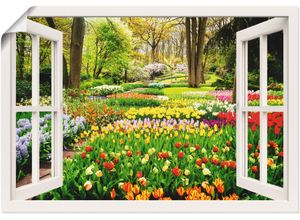4062144722558 - Wandbild ARTLAND Fensterblick Tulpen Garten Frühling Bilder Gr B H 70 cm x 50 cm Poster Fensterblick Querformat 1 St bunt Kunstdrucke als Alubild Leinwandbild Wandaufkleber oder Poster in versch Größen