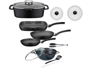 4005643800792 - Topf-Set Gourmet Aluminiumguss (Set 8-tlg (3-tlg Pfannen-Set 2 Glasdeckel 1 Bräter 1 Wok 1 Küchenzange) Induktion schwarz