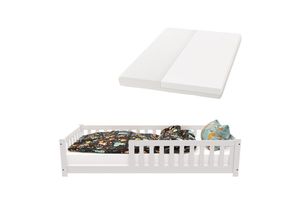 4262437183091 - Kinderbett Naya 90x200 cm - Bett mit Matratze Rausfallschutz & Lattenrost - Bodenbett Weiß