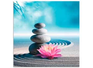 4058661471505 - Wandbild ARTLAND Sand Lilie und Spa-Steine in Zen-Garten Bilder Gr B H 50 cm x 50 cm Leinwandbild Zen quadratisch 1 St blau Bild Poster Bilder als Alubild Leinwandbild Wandaufkleber oder in versch Größen