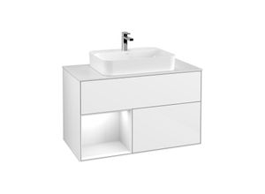 4051202637286 - Villeroy und Boch Finion Waschtischunterschrank F361GFGF 100cm Abdeckplatte white matt Regal links Glossy white lacquer Glossy white lacquer