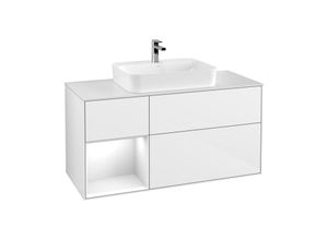 4051202711375 - Villeroy und Boch Finion Waschtischunterschrank F411GFGF 120cm Abdeckplatte white matt Regal links Glossy white lacquer Glossy white lacquer